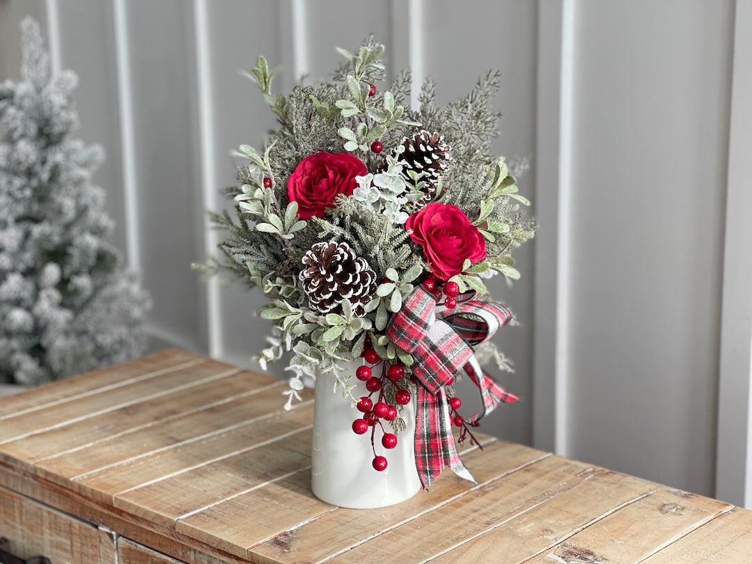 Large Tall Winter/christmas Arrangement, Flock Evergreens, Real Touch ...