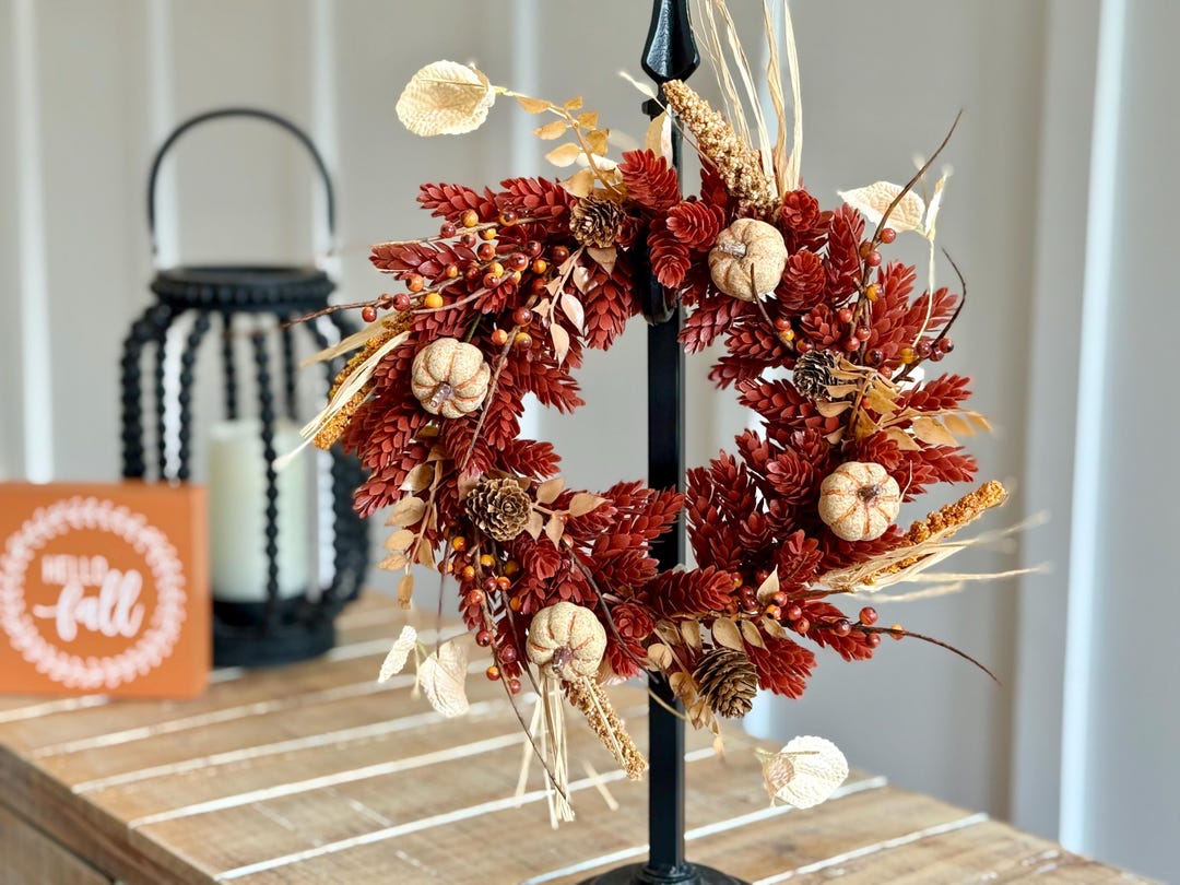 Fall/autumn Burgundy Hops Candle Ring Tiny Fall Pumpkin Berries, Wreath ...