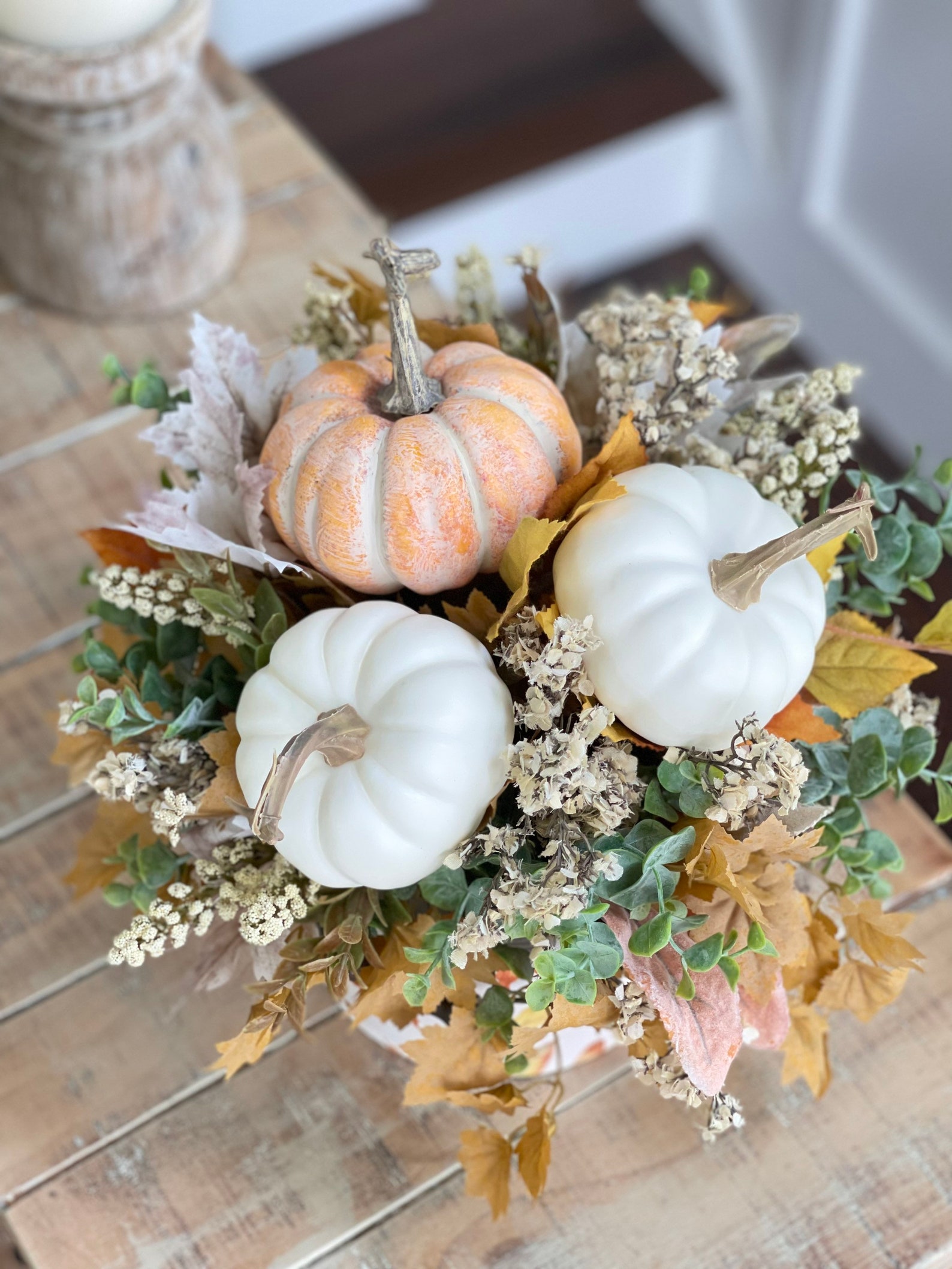 Fall Farmhouse Floral Arrangement Autumn Foliage and Pumpkins - Etsy
