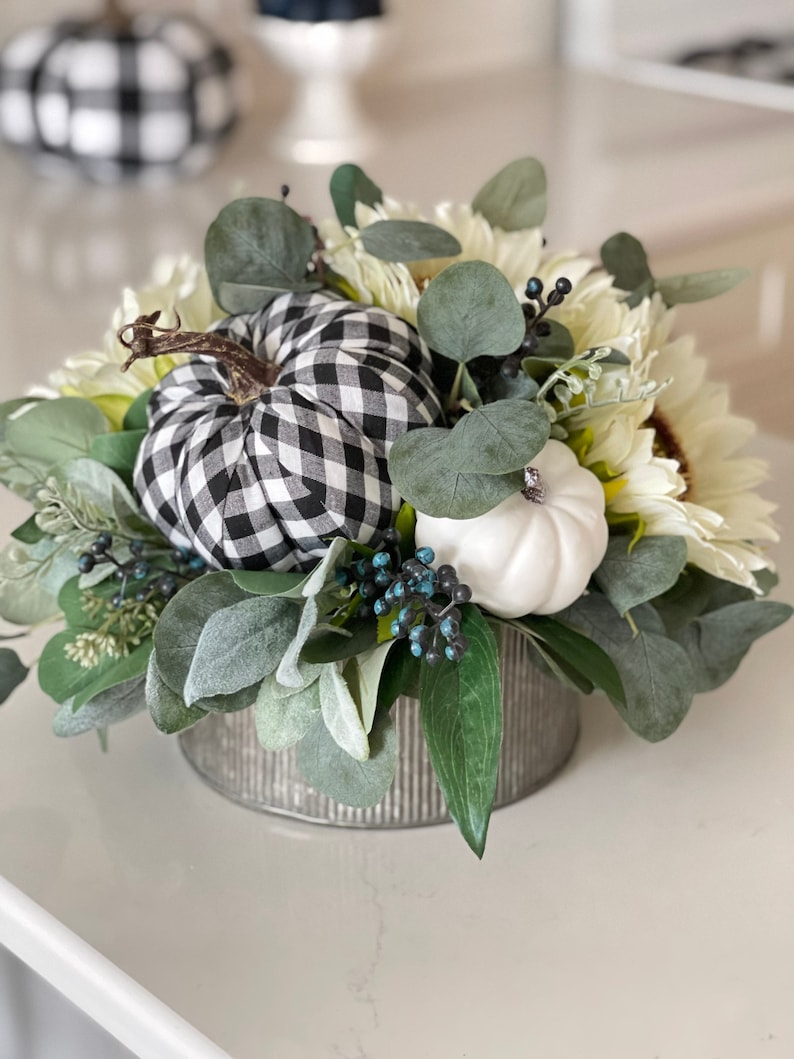 Fall Farmhouse Floral Arrangement, Flower Centerpiece, White Pumpkin ...