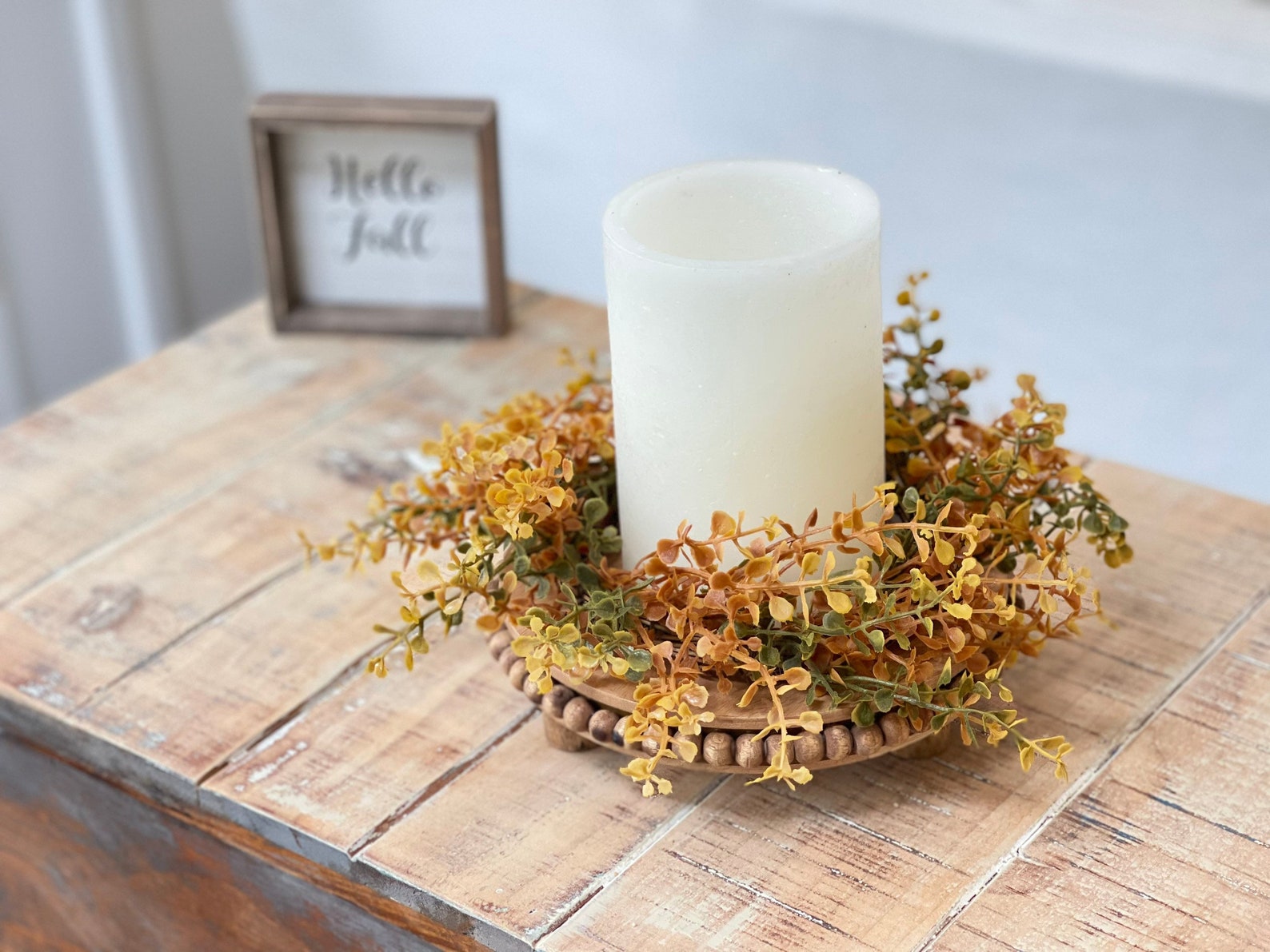 FALL NEW Candle Ring, Farmhouse Autumn Tones of Small Leaf Eucalyptus ...