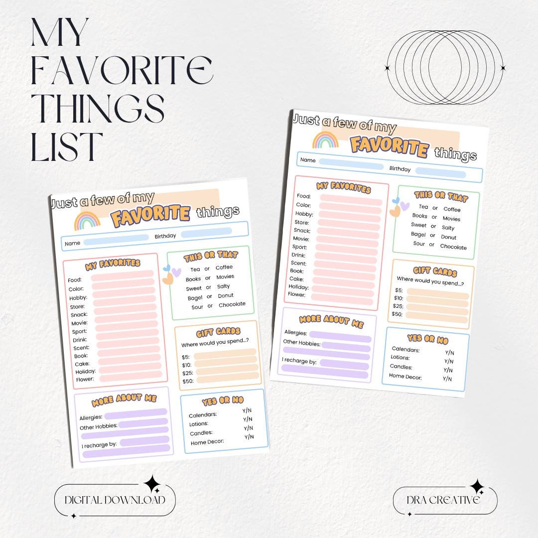 Favorite Things List Printable – All About Me Template for Friends ...