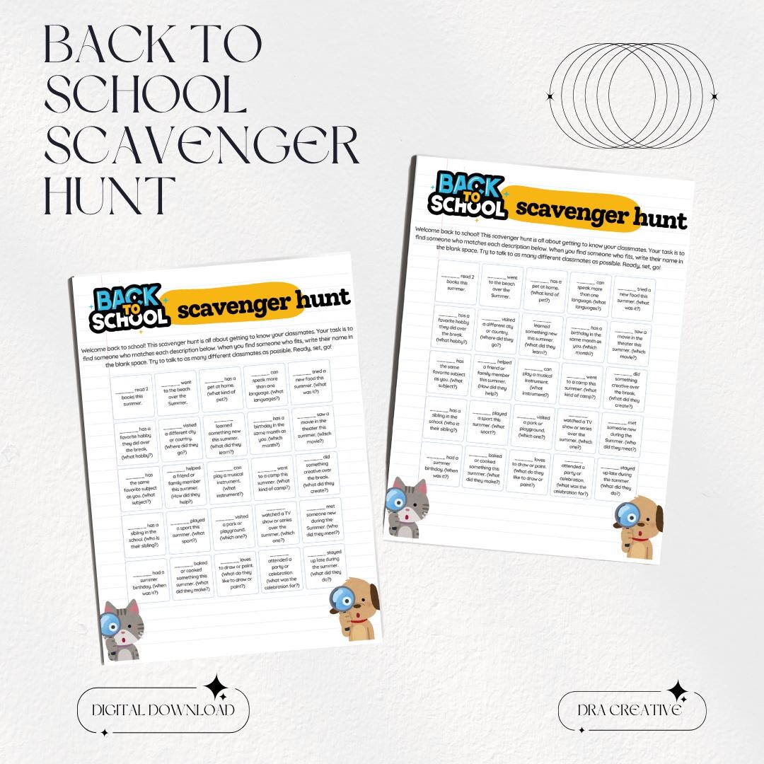 Back to School Classroom Scavenger Hunt Printable – Icebreaker Activity ...