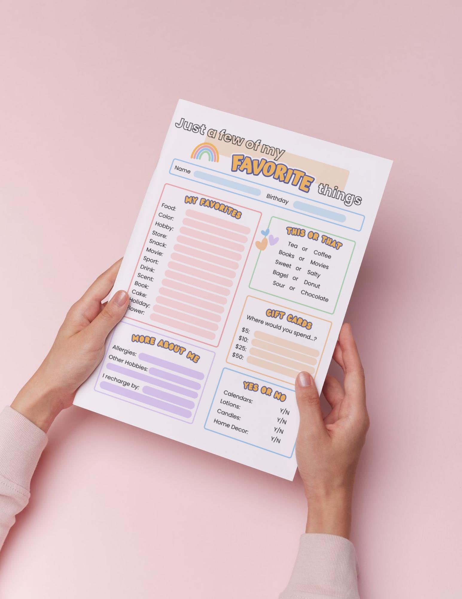 Favorite Things List Printable – All About Me Template for Friends ...