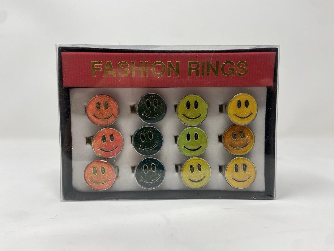Vintage Glitter Enamel Smile Face Rings for Kids Display of 12 Novelty ...