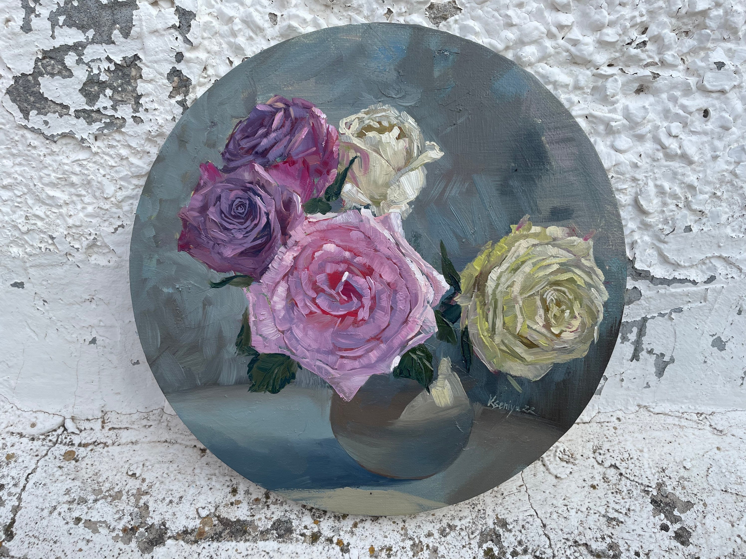 Roses Oil Painting in Round Pink White Flowers Bouquet Still Life Wall ...