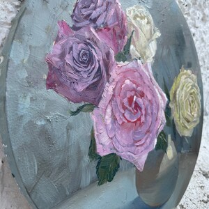 Roses Oil Painting in Round Pink White Flowers Bouquet Still Life Wall ...