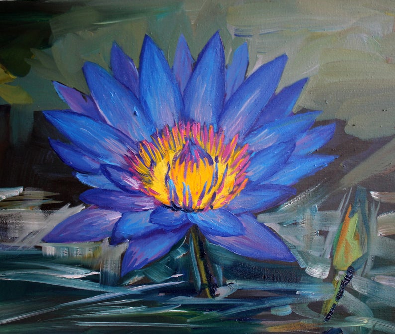 Blue lotus Flower ORIGINAL oil painting Blue yellow green Wall | Etsy