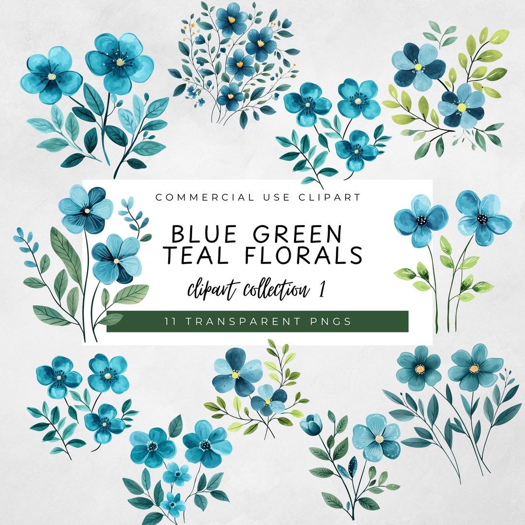 Blue Green Floral Clipart Pack, Trendy Blue Green Floral Watercolor ...