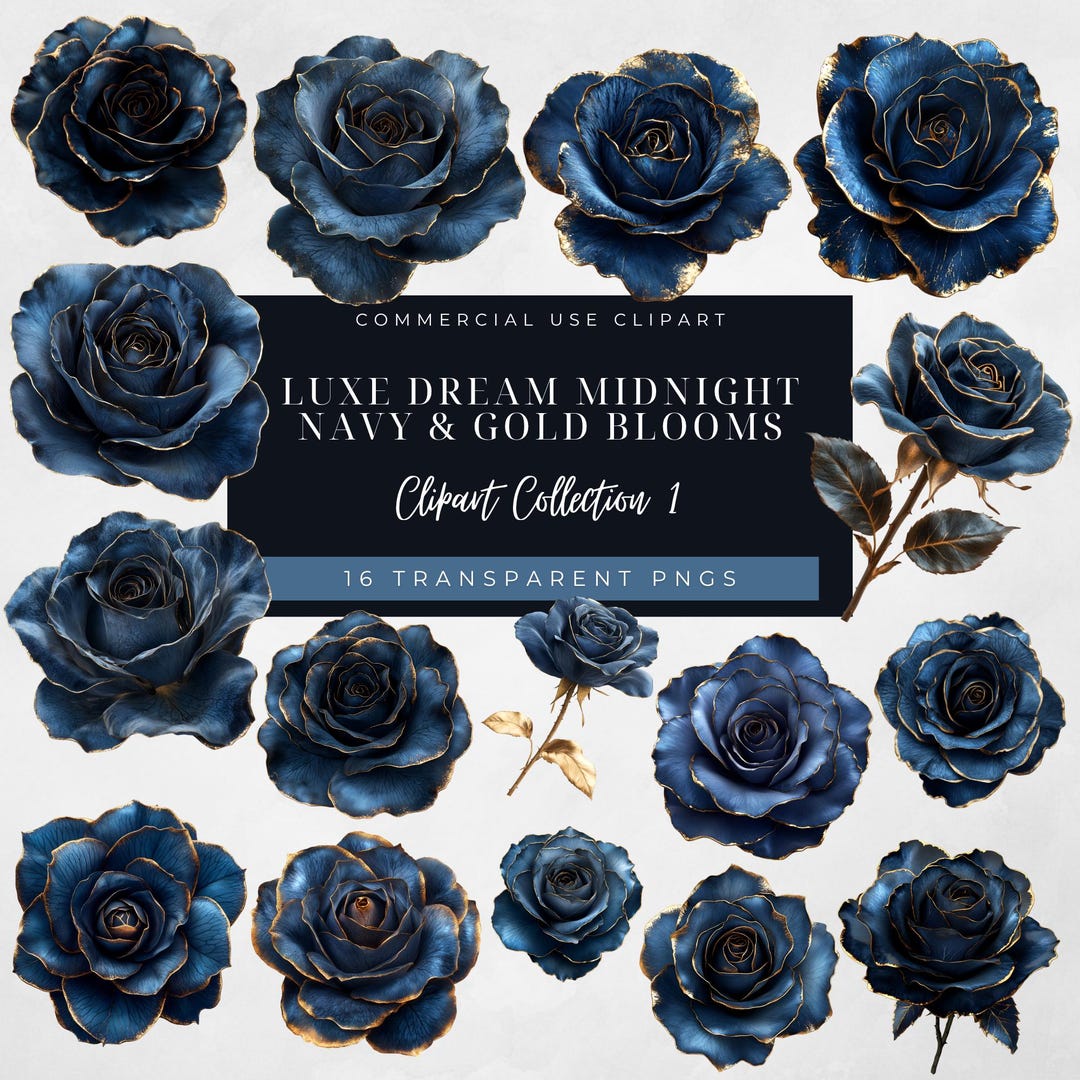 Navy & Gold Rose Clipart: Luxe Floral Pngs for Wedding Invitations ...