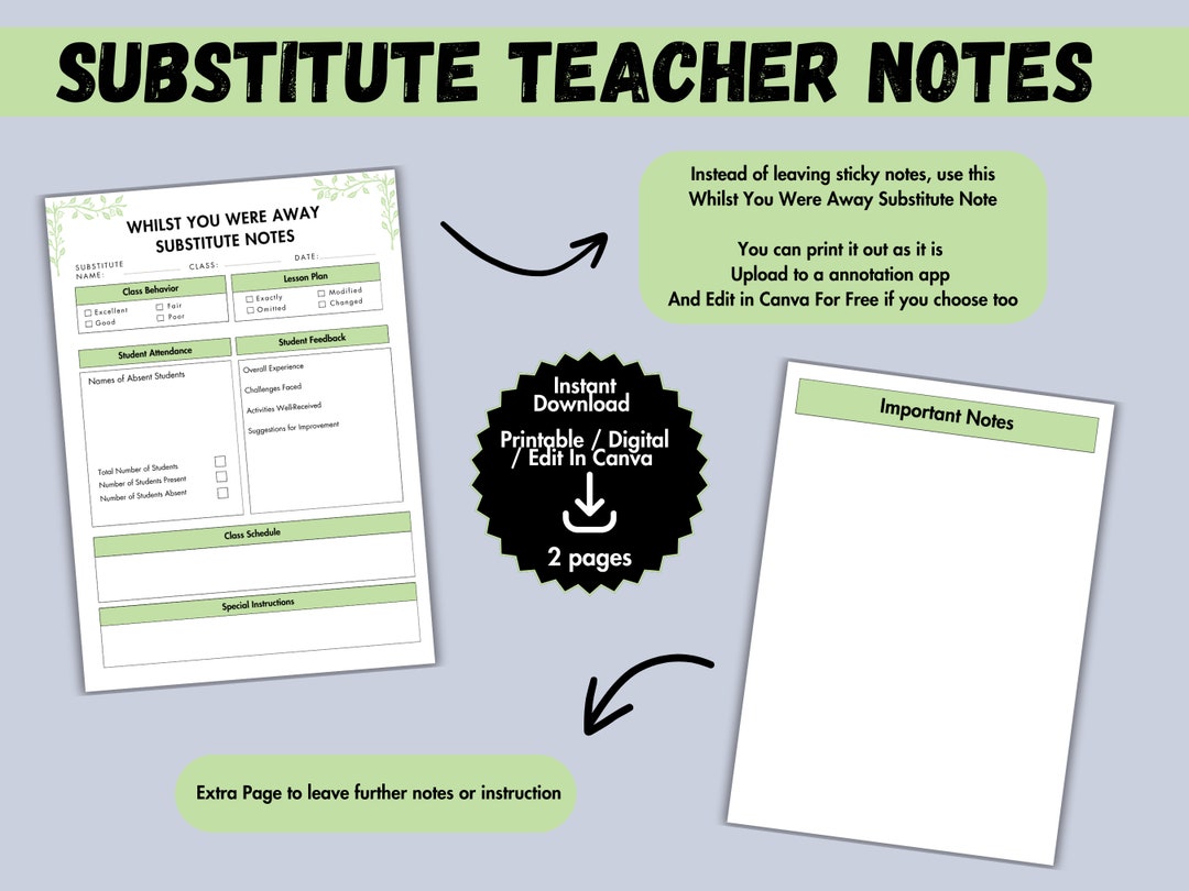 Substitute Teacher Note Template Editable, While You Were Away ...