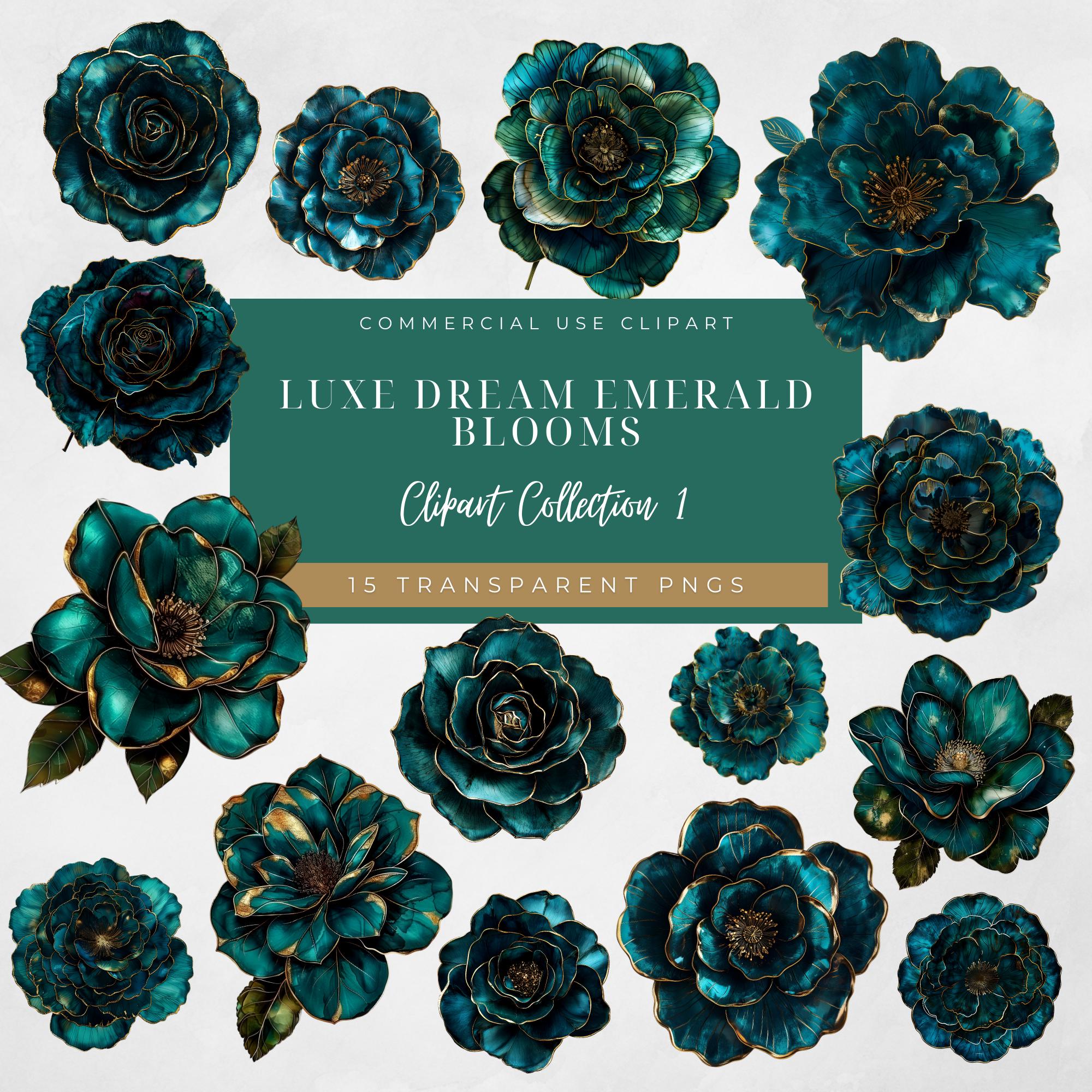 Emerald Green Rose Clip Art: Luxe Gold Floral Pngs (15 Transparent Pngs ...