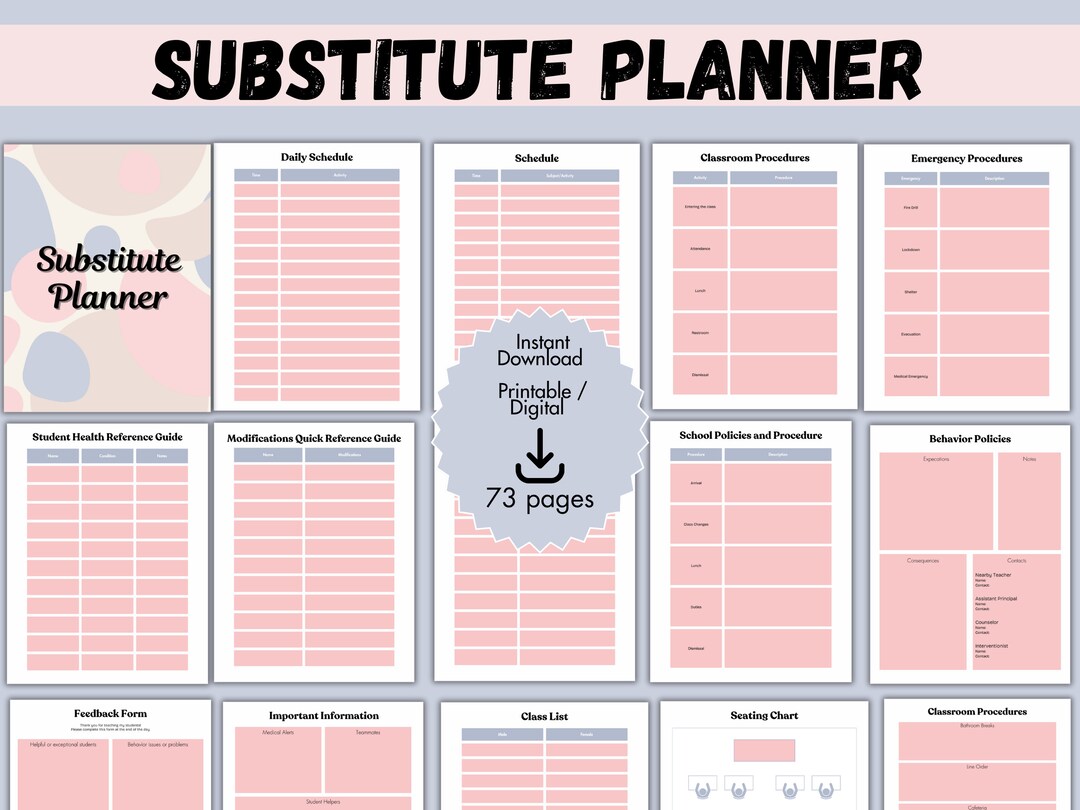 Substitute Teacher Planner Printable, Substitute Plans, Substitute ...