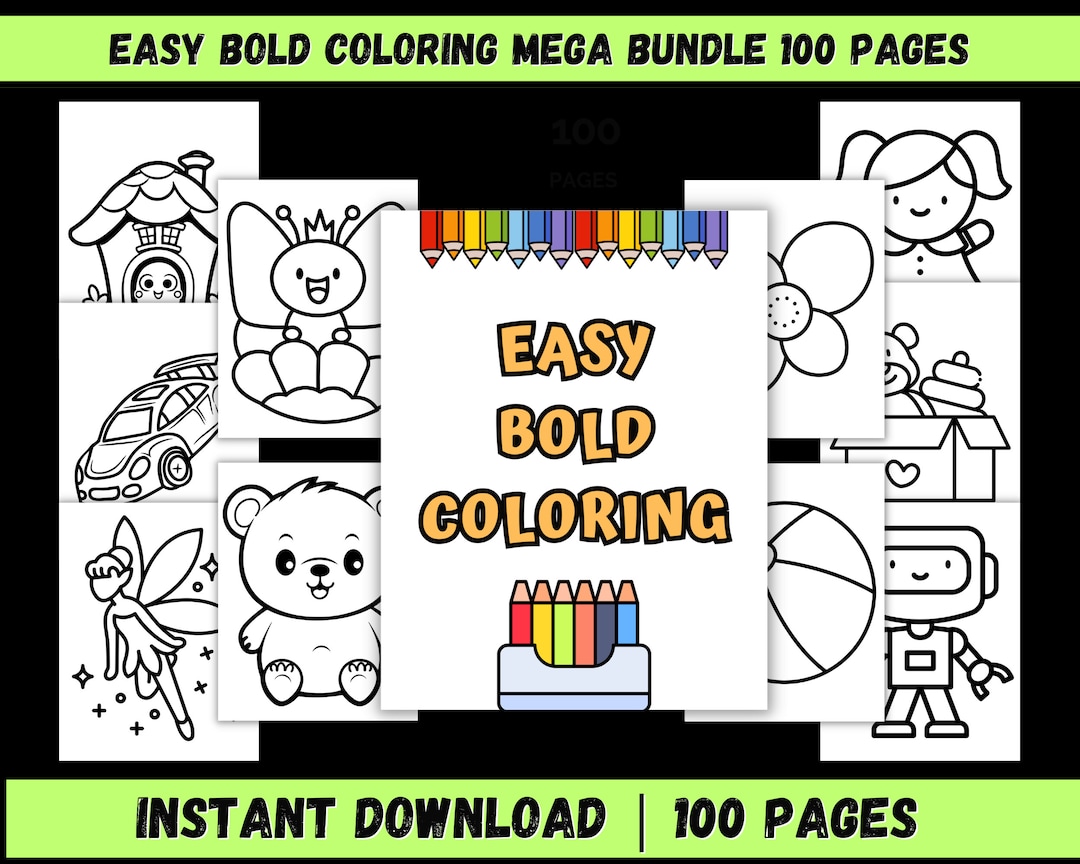 100 Easy Bold Coloring Pages for Kids – Printable Mega Bundle | Toddler ...