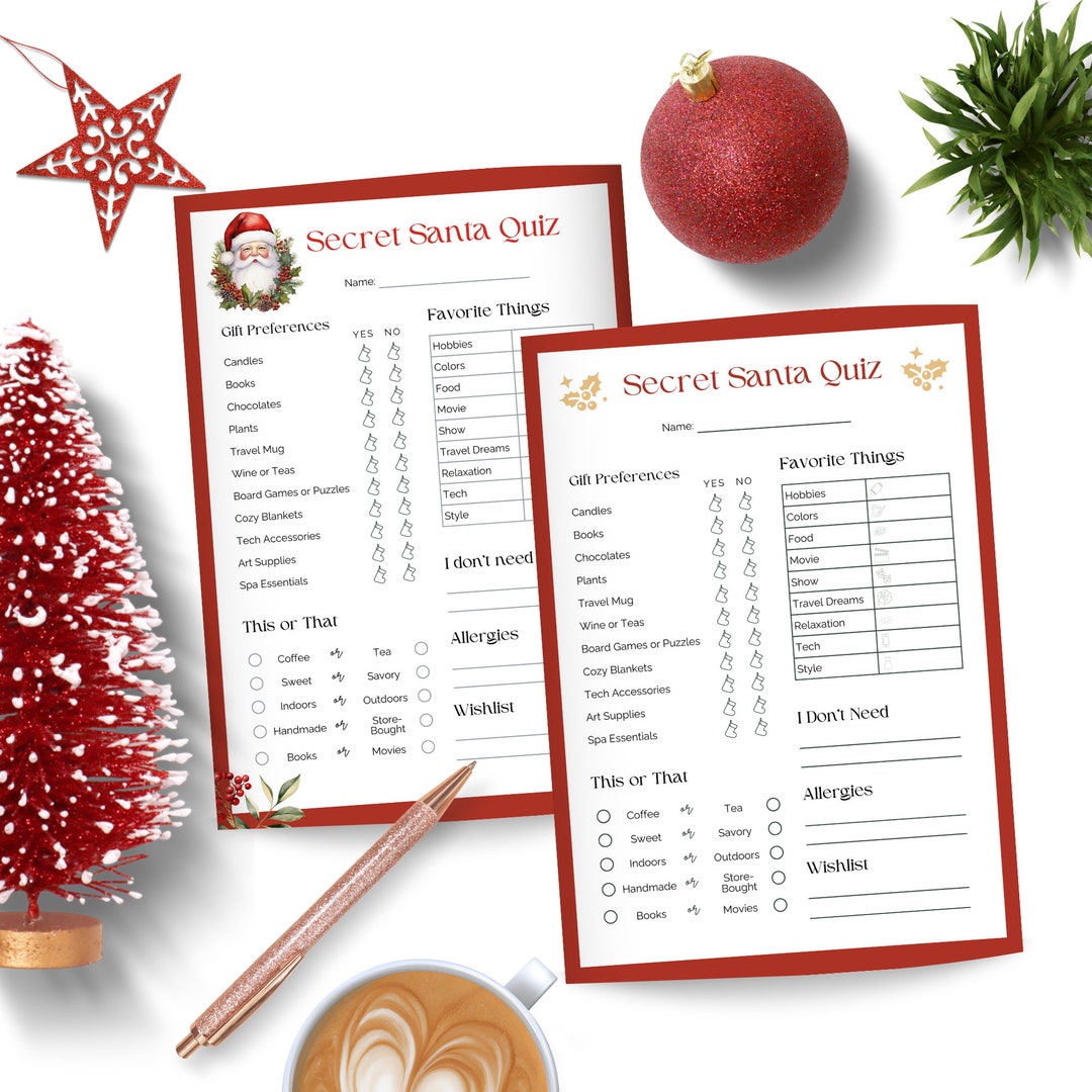 Secret Santa Quiz, Secret Santa Printable Gift Idea Sheet, Instant ...