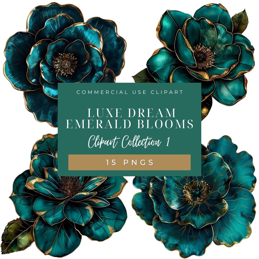 Emerald Green Rose Clip Art: Luxe Gold Floral Pngs (15 Transparent Pngs ...