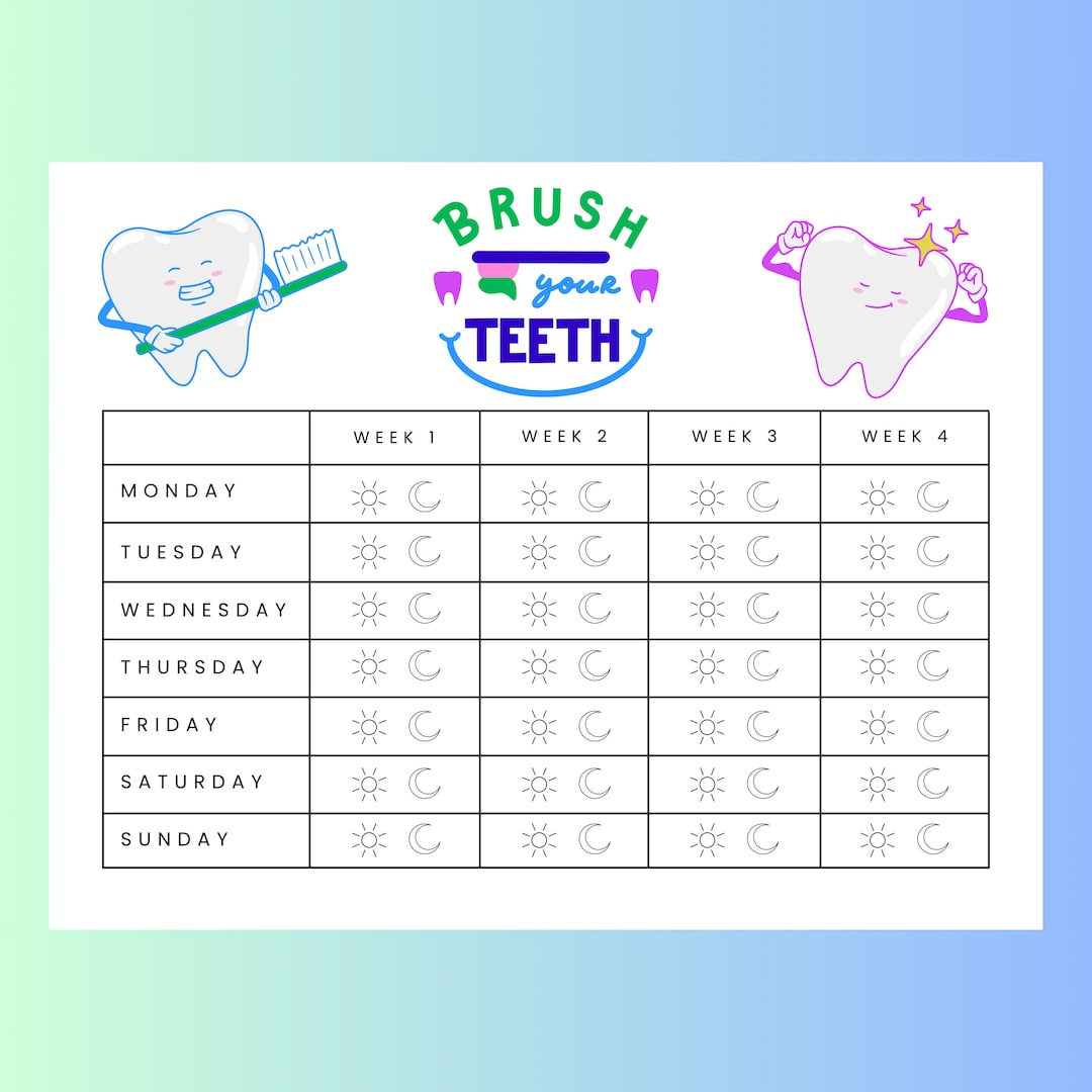 Kids Brush Your Teeth Chart Printable Checklist, Tooth Brushing Chart ...