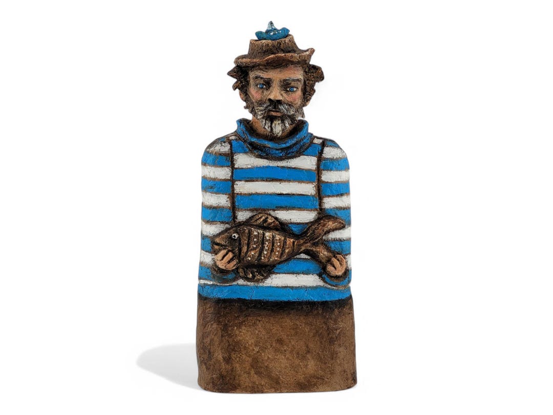 Fisherman Paper Mache Sculpture Figurine | Coastal Maritime Decor ...