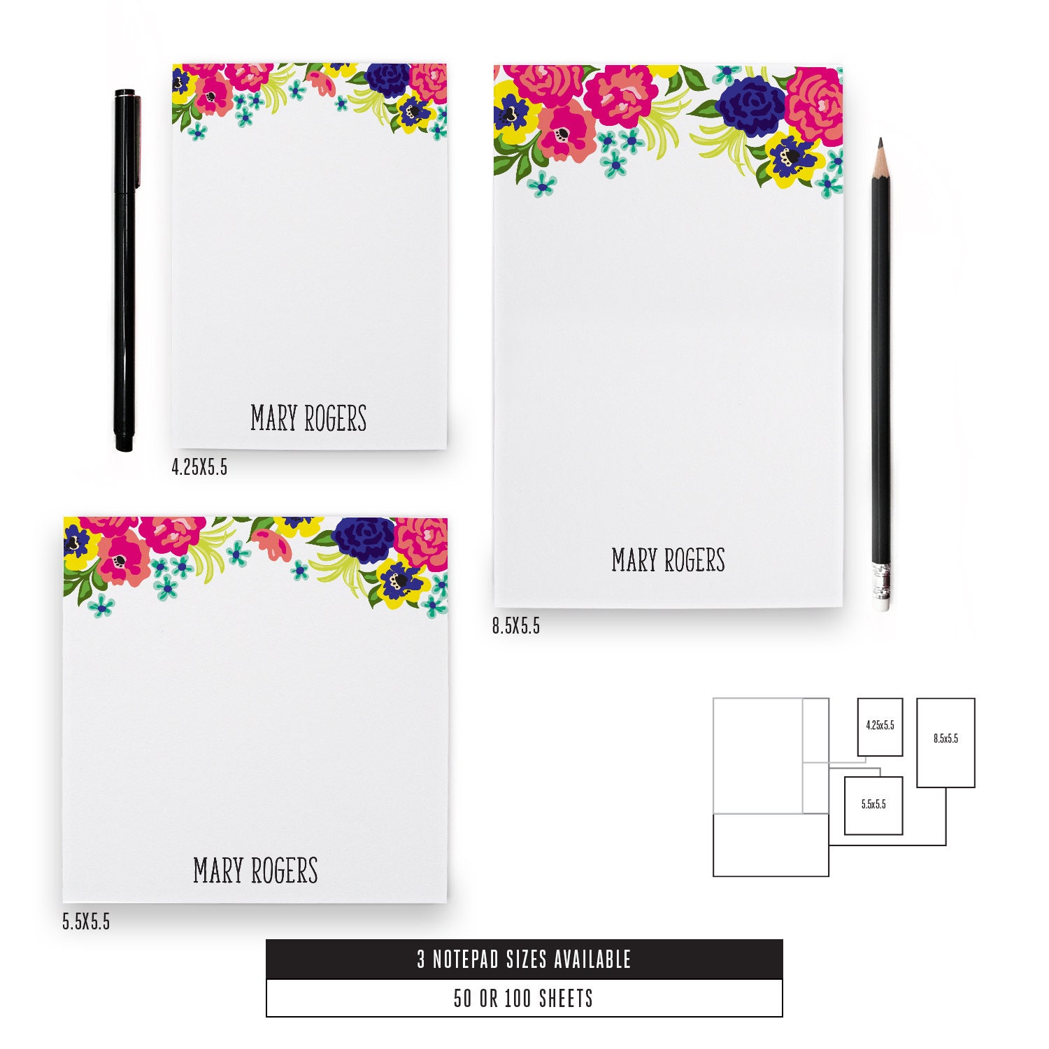 Letter Stationary Notepad Personalized Note Pads Flower | Etsy