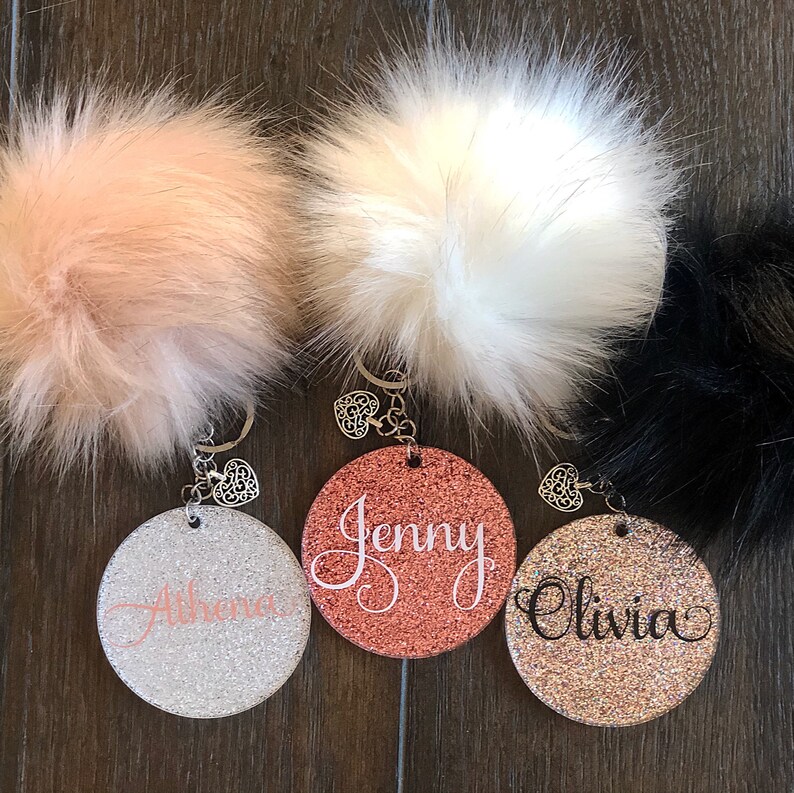 Monogram Glitter Keychain: Personalized Acrylic Name, Poof Ball & Heart ...