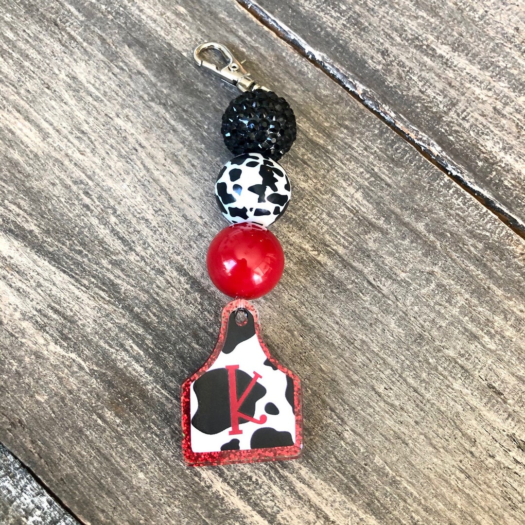 Personalized Cattle Tag Beaded Keychain, Cow Print Glitter Beaded ...