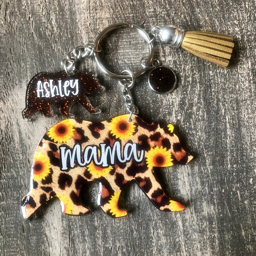 Sunflower Mama Bear Keychain, Leopard Mama Bear Keychain, New Mom Gift ...