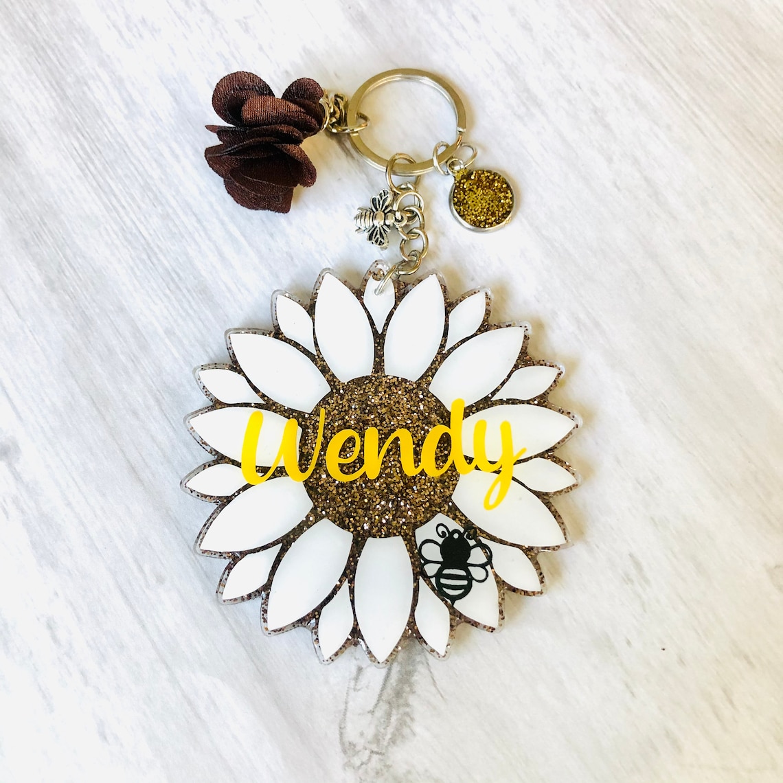 Sunflower Keychain Personalized Keyring Glitter Keychain - Etsy
