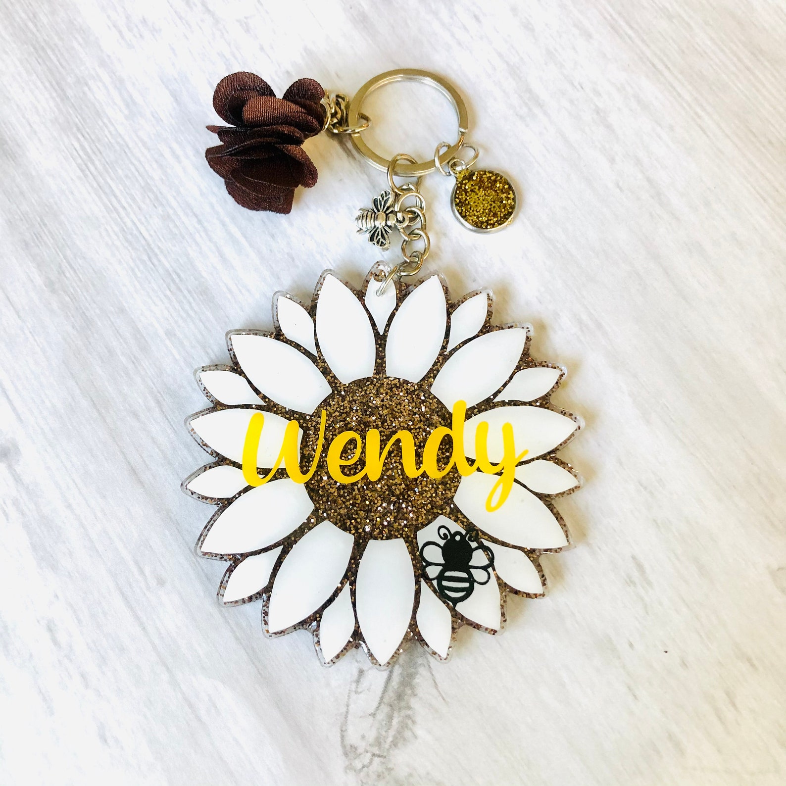 Sunflower Keychain Personalized Keyring Glitter Keychain - Etsy