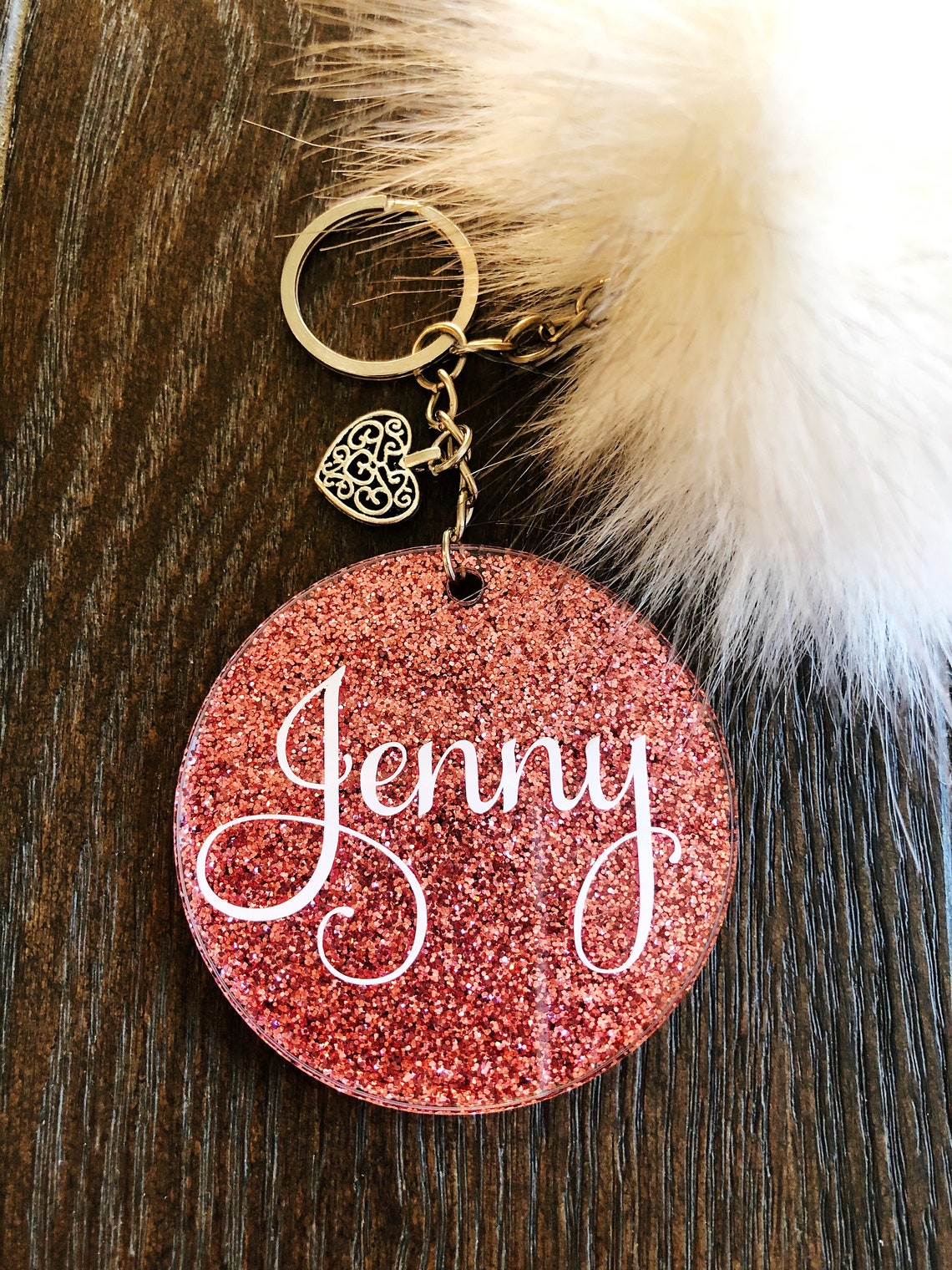 Monogram Glitter Keychain: Personalized Acrylic Name, Poof Ball & Heart ...