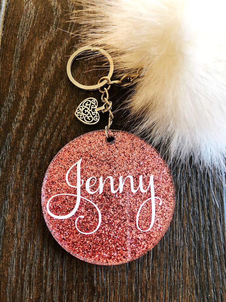 Monogram Glitter Keychain: Personalized Acrylic Name, Poof Ball & Heart ...