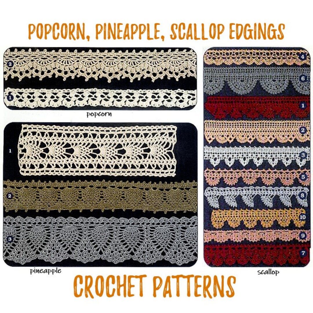 15 PDF Crochet Patterns Lace Edgings Popcorn Pineapple Scallop Borders ...