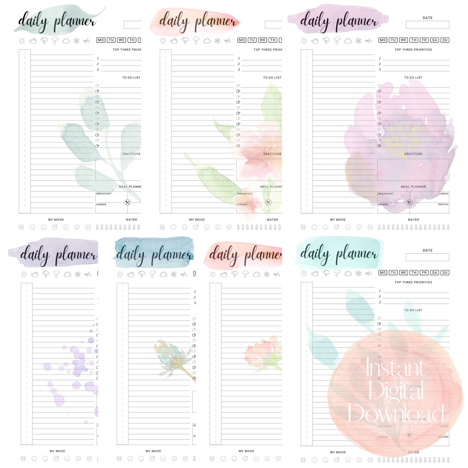 Daily Planner Printable Meal Plan Water Tracker Mood | Etsy