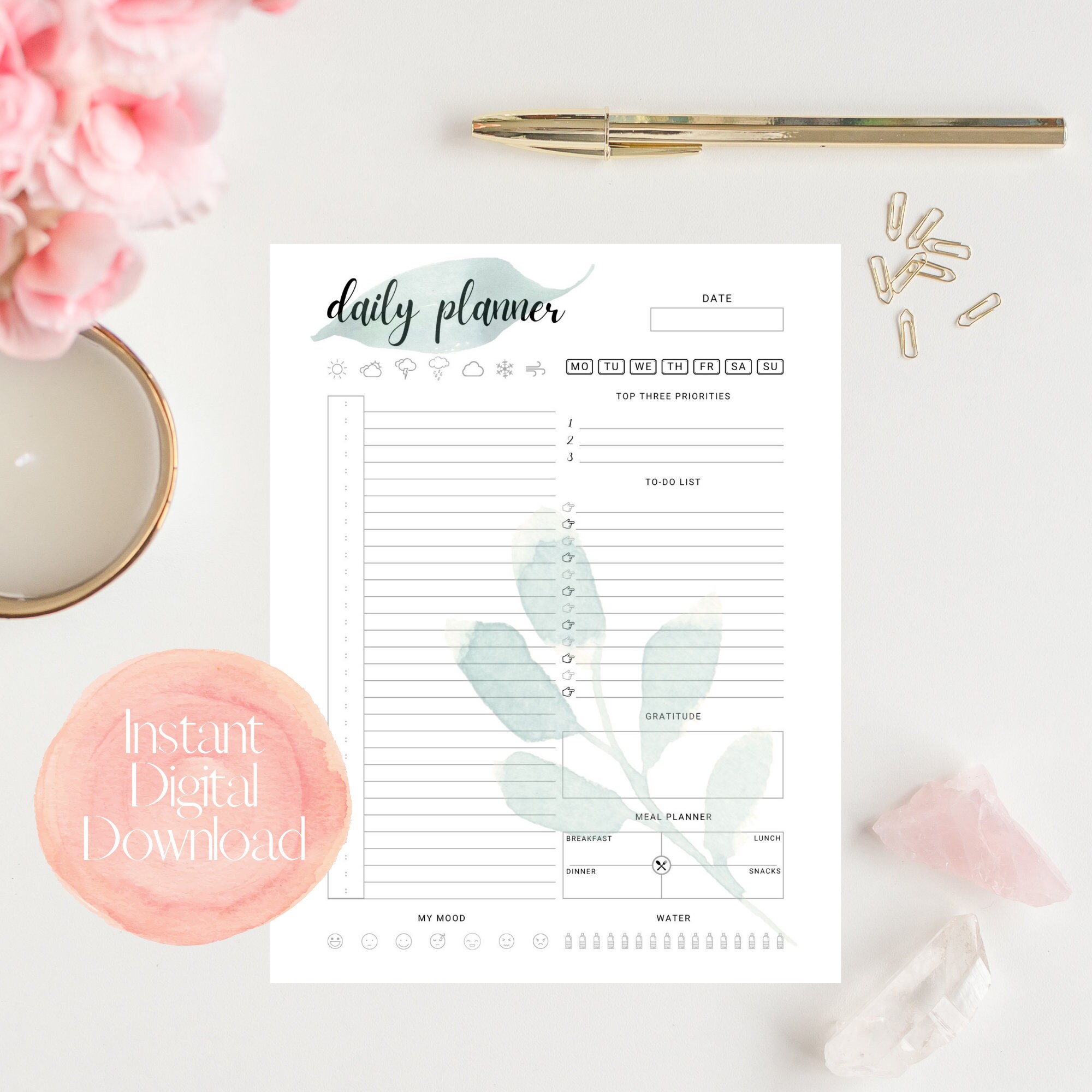 Daily Planner Printable Meal Plan Water Tracker Mood | Etsy