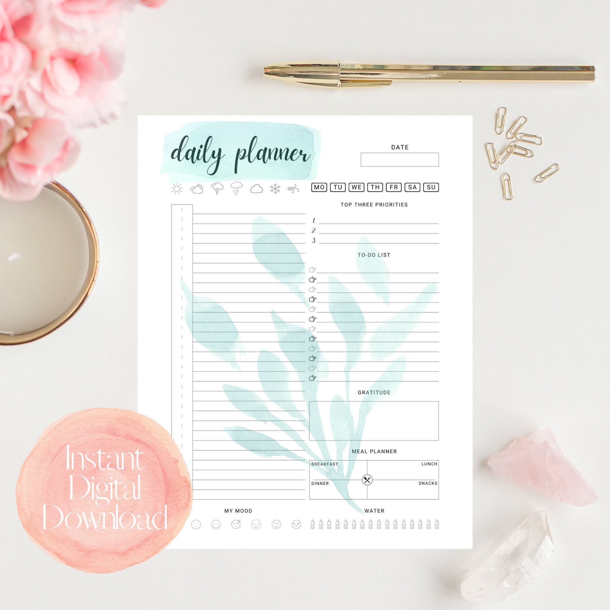 Daily Planner Printable Meal Plan Water Tracker Mood | Etsy