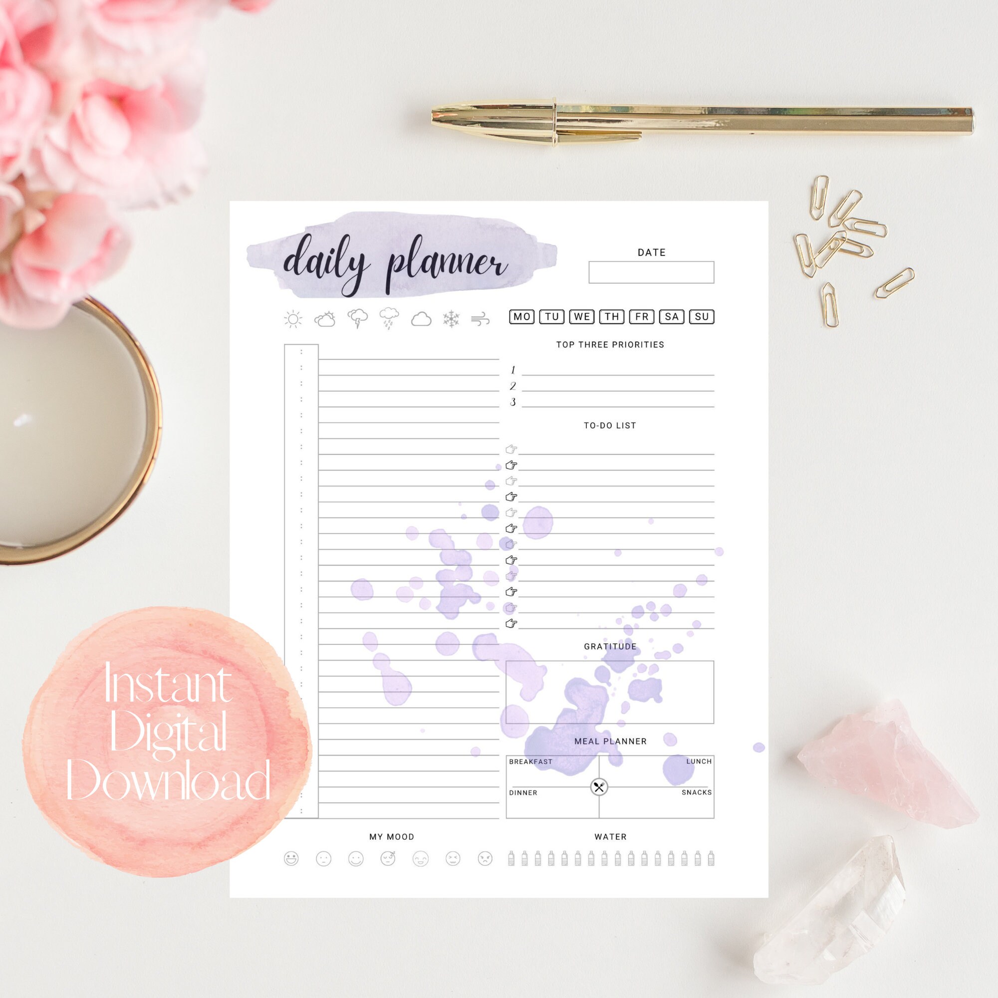 Daily Planner Printable, Meal Plan, Water Tracker, Mood Tracker, Time ...