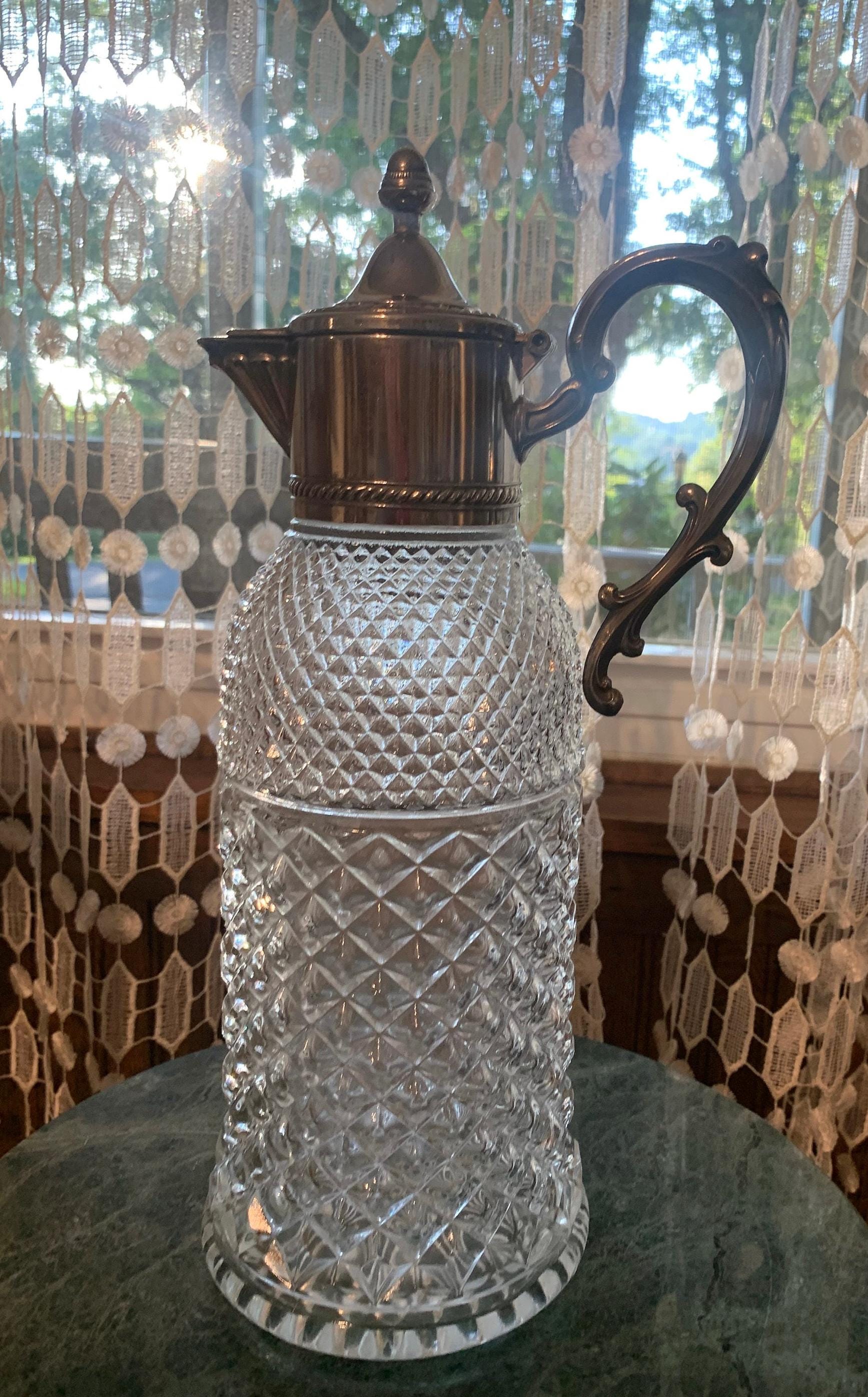 Crystal Pitcher/ Decanter Diamond Cut Design Silver Plated Handle and ...