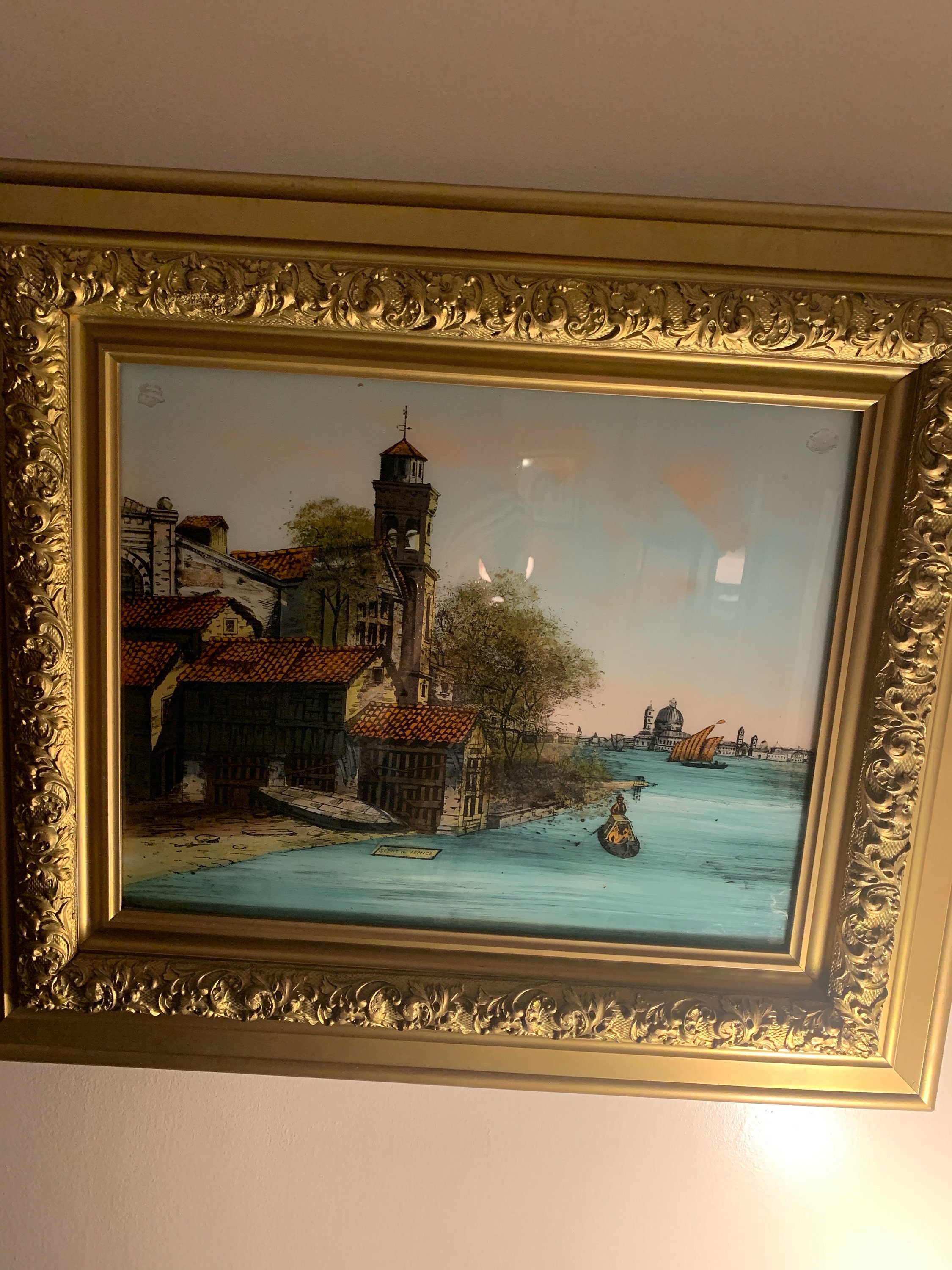 Vintage Reverse Painting on Glass Painting Titled Scene in Venice Folk ...