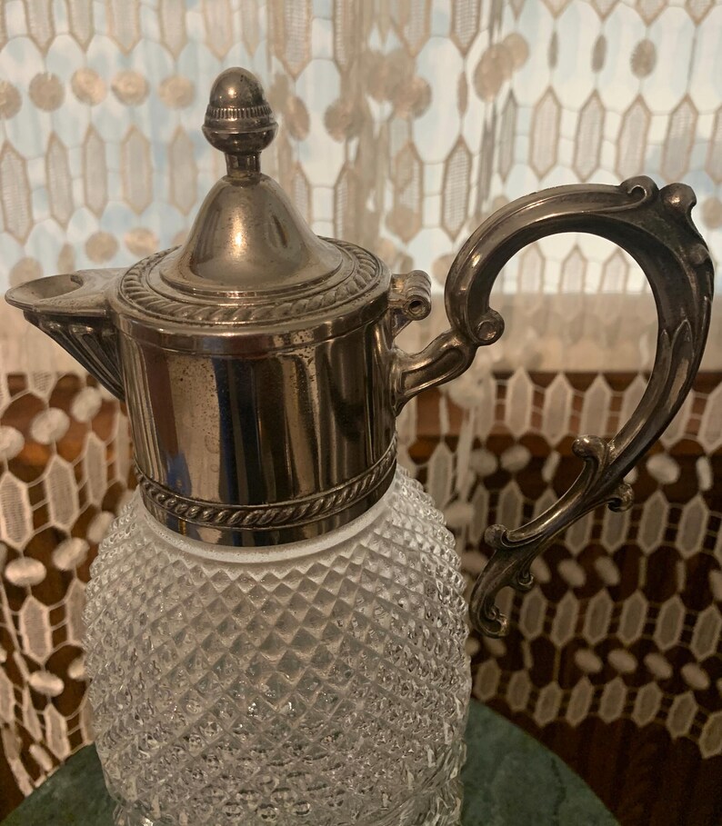 Crystal Pitcher/ Decanter Diamond Cut Design Silver Plated Handle and ...