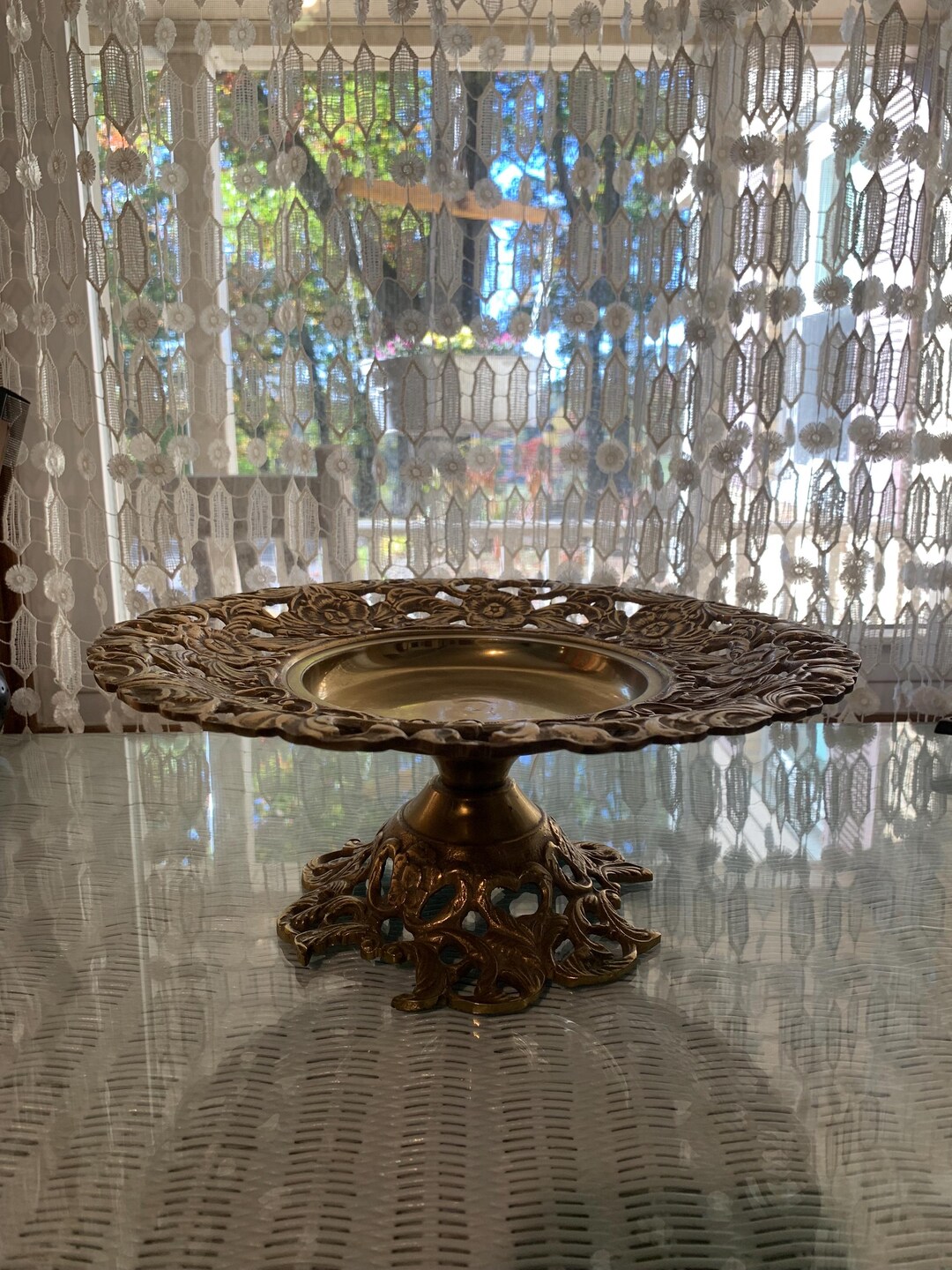 Vtg Brass Pedestal/compote Stand Floral Inlay - Etsy