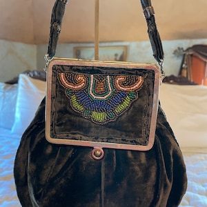 Turn of the Century, Hand Sewn, Dark Brown Velvet Handbag With Multi ...