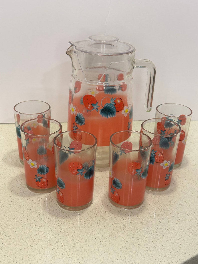 Vintage Luminarc Glass Strawberry Design Juice Pitcher and 6 Glasses - Etsy