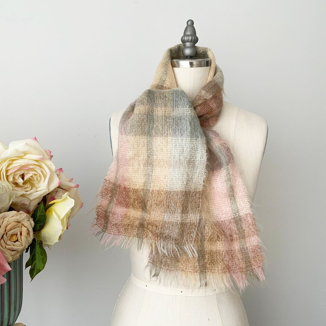 Vintage Pastel Color Plaid Fringed Angora Rectangular Winter Scarf ...