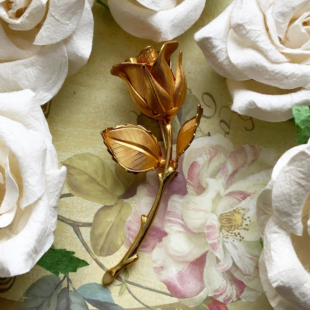 Vintage Gold Tone Long Stem Rose Flower Brooch, Elegant Brooch ...