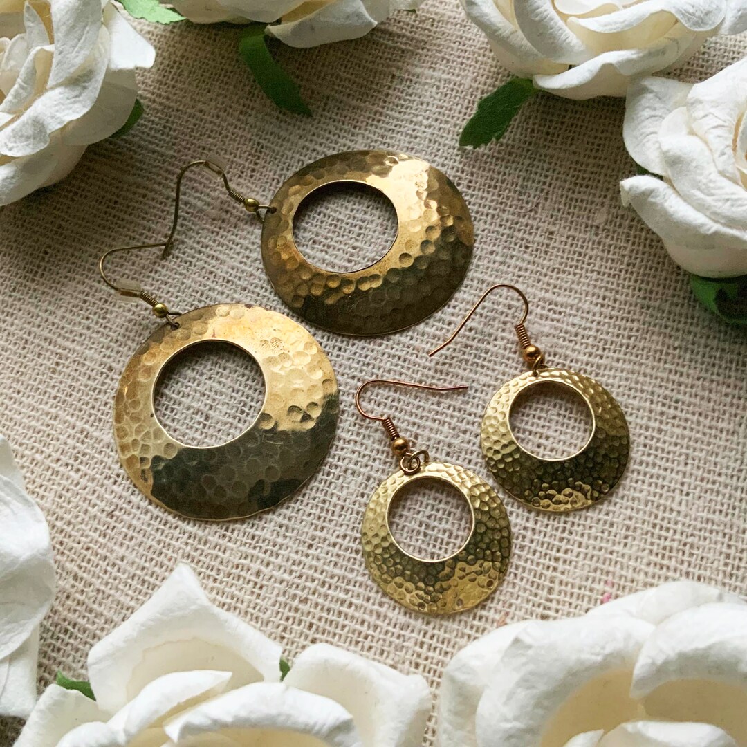 Vintage 2 Hammered Brass Dangle Drop Round Earrings Set, Boho Style ...