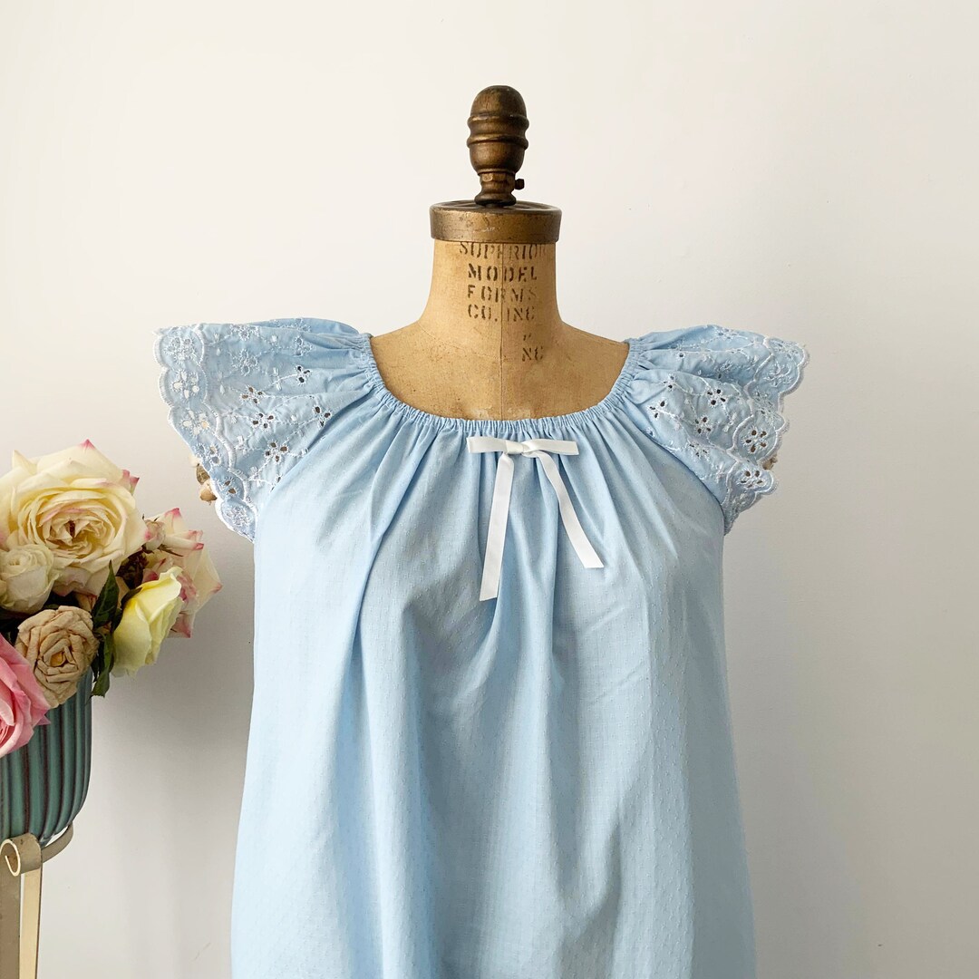 Vintage Sky Blue Short Nightgown With Elastic Neckline, Short Sleeve ...