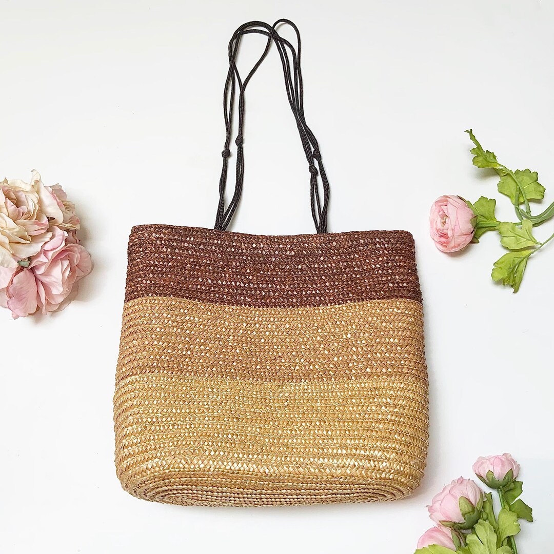 Vintage Beige and Brown 2 Tone Shoulder Straw Bag, Gradiant Colors ...