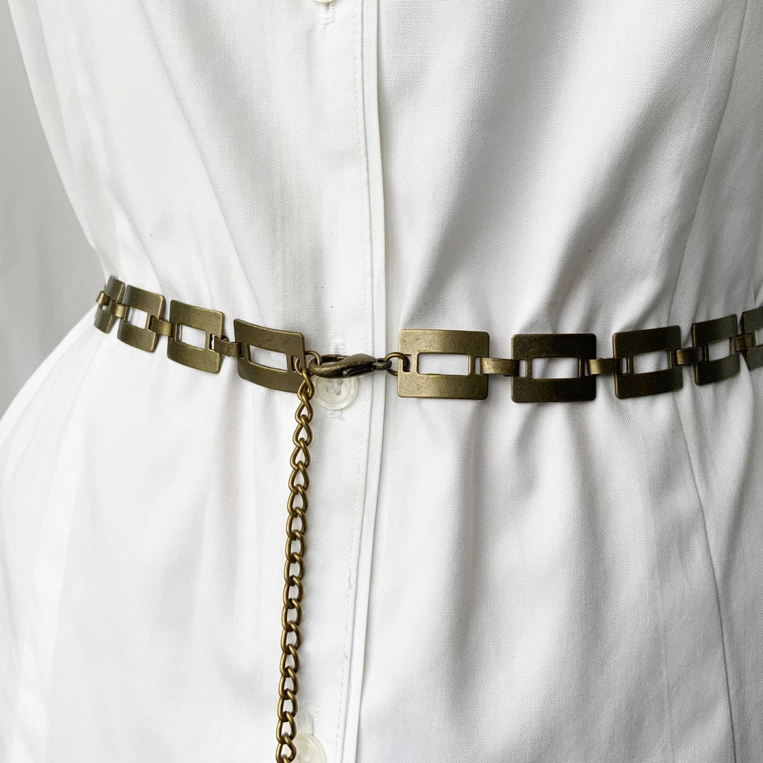 Vintage Bronze Color Square Pattern Metal Chain Belt, Elegant Skinny ...