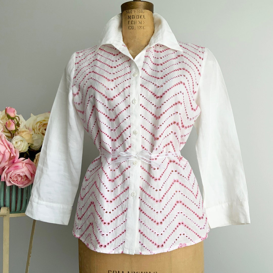 Vintage MOFFI White Ramie Long Sleeves Women Blouse With Pink See ...