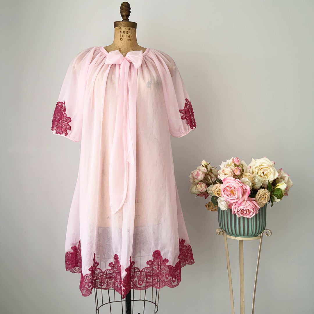 Vintage DORSAY Pink Night Robe With Burgundy Floral Lace, 1960s Night ...