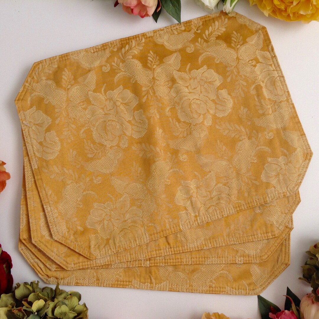 Vintage Set of 4 Rectangular Yellow Damask Fabric Placemats, Elegant ...